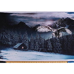 28" X 44" Panel Owl Mountain Cabin Pine Trees Winter Snow Snowy Night Bird Nature Landscape Call of The Wild Digital Print Cotton Fabric Panel (Q4459-128-MIDNIGHT)
