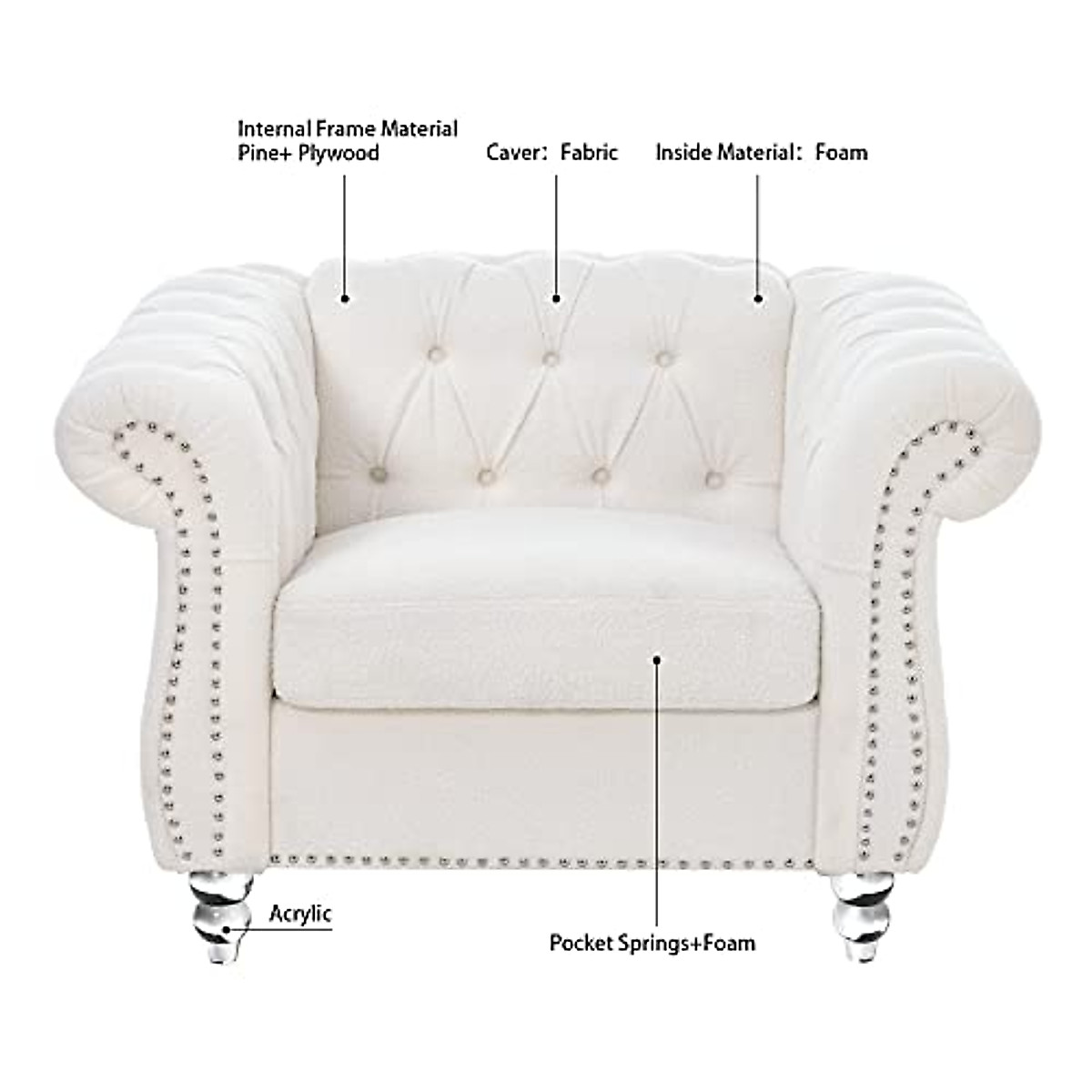 39" Chesterfield Single Sofa Chair Acrylic Crystal Leg Teddy Fabric Upholstered 1 Seater Sofa with Tufted Back,Roll Arm Settee Couches for Living Room Furniture (White + Polyester, Single Sofa)