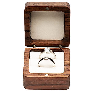 COSISO Square Solid Wood Double Ring Box Case for Wedding Ceremony Engagement Proposal,Wooden Ring Holder for 2 Rings (Beige Inner)