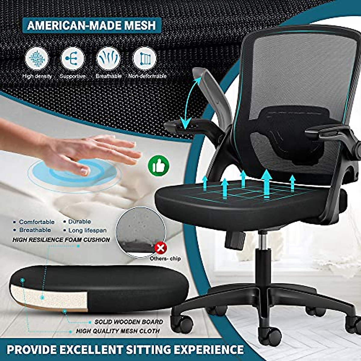 Funria Mid Back Mesh Office Chair Ergonomic Swivel Black Desk Chair Mesh Computer Chair Flip Up Arms with Lumbar Support Adjustable Height Task Chair