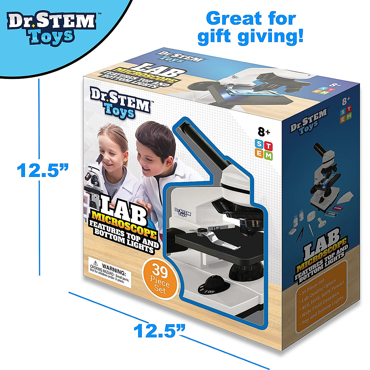 Dr. STEM Toys 39 Piece Microscope Kit for Kids with Top and Bottom Lights, Specimen Slides, 40X, 100X, and 400X Adjustable Lenses - for Kids and Schools (Ages 8+), White