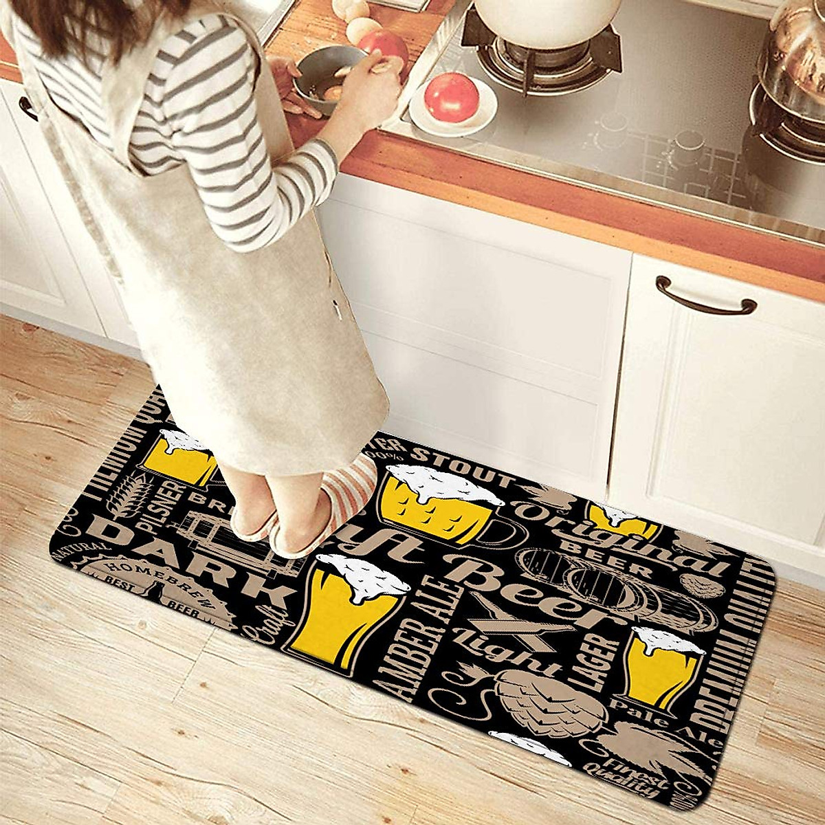 ASNIVI Kitchen Rug Typographic Vector Beer Background Non-Slip Backing Mat Throw Rug for Kitchen Doormat Runner Rug,17"x48"