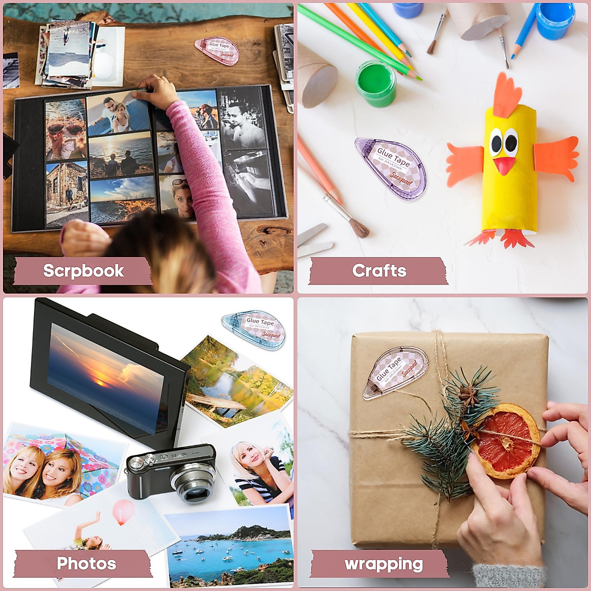 Secopad Scrapbook Tape, 4 Pack Double Sided Tape Roller for Crafts, Adhesive Tape Glue Runner Scrapbooking Supplies Journaling School Office for Kids and Adults, 0.3IN x 26FT