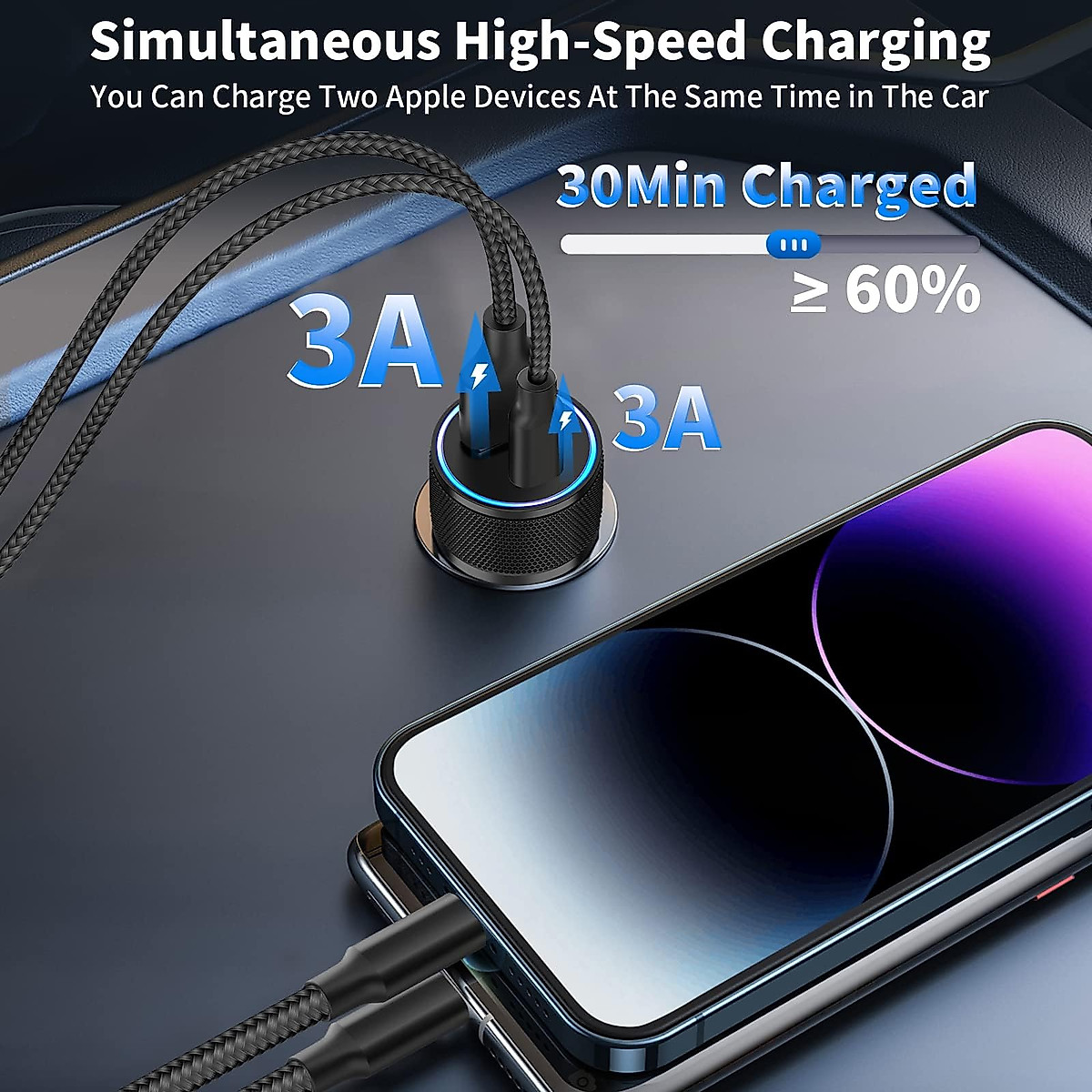 [Apple MFi Certified] iPhone Fast Car Charger, Veetone 48W Dual Port USB C Power Delivery All Metal Car Adapter with 2 Pack Lightning Braided Cable, PD/QC3.0 Car Quick Charging for iPhone/iPad/Airpods