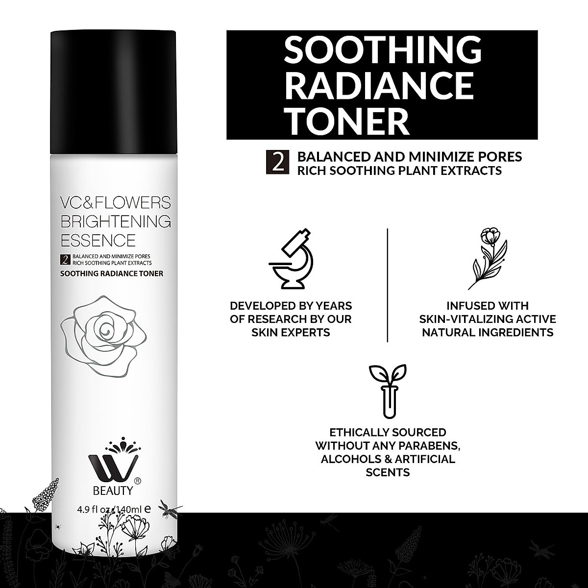 WBM Beauty Natural Soothing Radiance Facial Toner| Alcohol Free with Rose Water and Aloe Vera | Organic Anti Aging Ingredients for Sensitive Skin, Combination, Acne | Skin Toner 4.9 Oz /140 ml