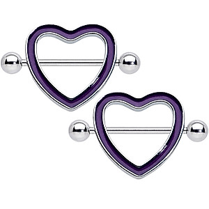 Body Candy 14G Nipple Piercing Jewelry Stainless Steel 2Pc Purple Heart Glow Barbell Nipple Shield 3/4"