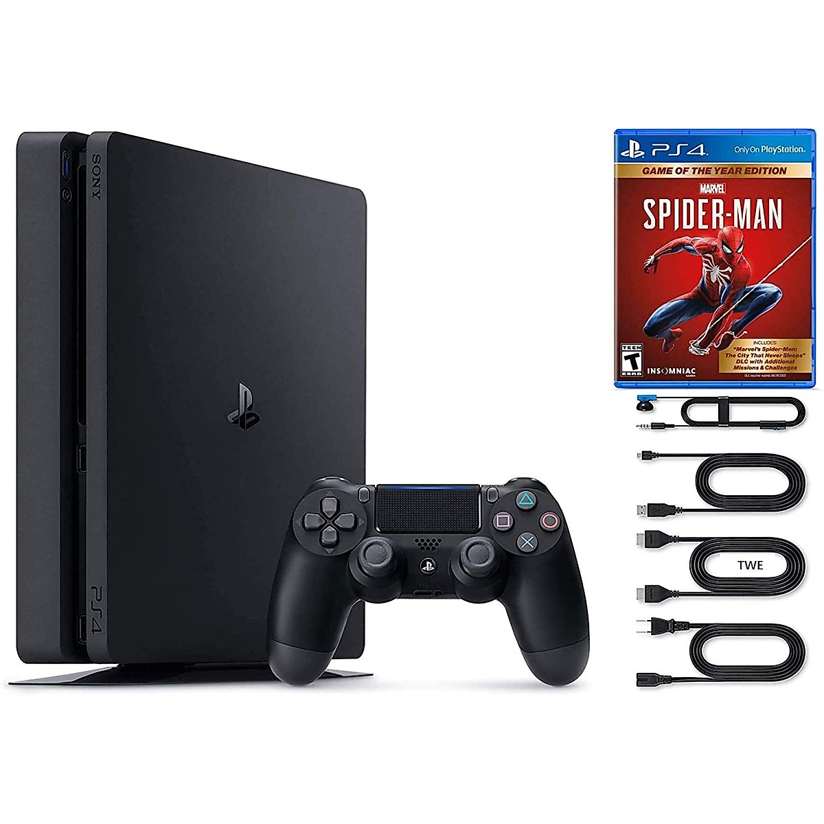 PS4 Playstation 4 Slim 1TB Console Bundle with Marvel's Spider-Man: Game of The Year Disk Edition + TWE HDMI Cable (Renewed)