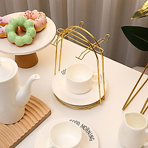 jojofuny Golden Metal Tea Mugs Display Stand 4 Hook European Style Cups Holder Tree Wrought Iron Saucer Organizer Rack for Coffee Home Jewelry Entryway Key Bar Accessories