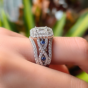 DovEggs 3.2ct Total 5x7mm GHI Emerald Cut Moissanite Antqiue Double Halo Engagement Ring Moissanite&Blue Sapphire Accents Curved Enhancer Guard Wedding Ring Set 14k Gold Quality Sterling Silver(6.5)