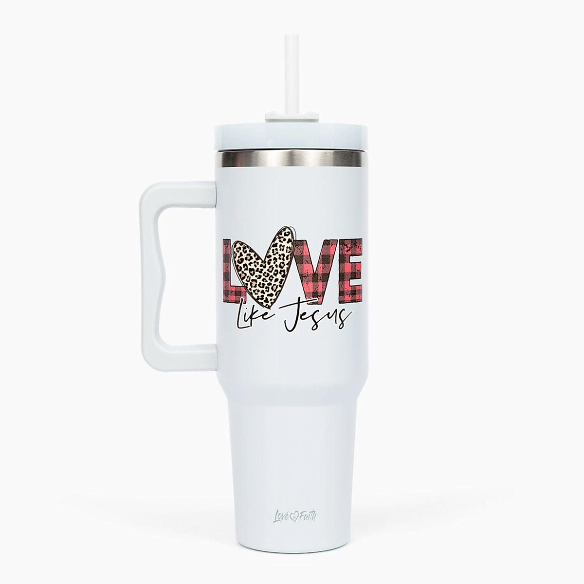 Love in Faith | Stainless Steel 40oz Tumbler with Handle | Vacuum Insulated | Faith-Based Christian Gifts | Christmas | Love Like Jesus Grey