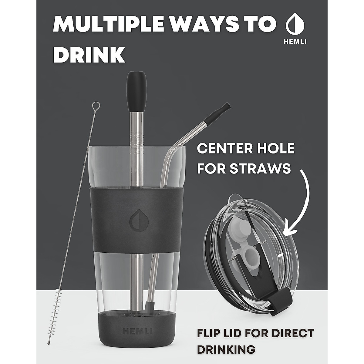 Hemli 19 oz. Clear Double Wall Glass Coffee Tumbler, To Go Glass Travel Mug with Lid, Portable Glass Thermos with Straw, Reusable Cup for Coffee, Tea, Smoothies, Ice Coffee, and Boba (Black)