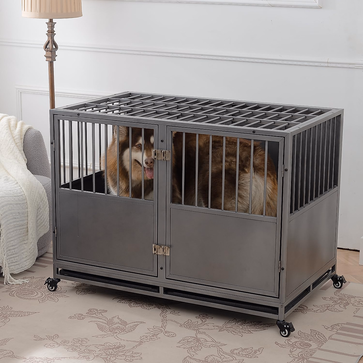 Stackable Heavy Duty Dog Crate Dog Cage, Indestructible Metal Dog Kennel Lockable for Medium Large Dogs with Sturdy Door Lock and Removable Trays, 47 Inch