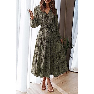 PRETTYGARDEN Women's Long Sleeve V Neck Leopard Print Ruffle Maxi Dress Tie Waist Boho Chiffon Flowy Long Dress (Green, Small)