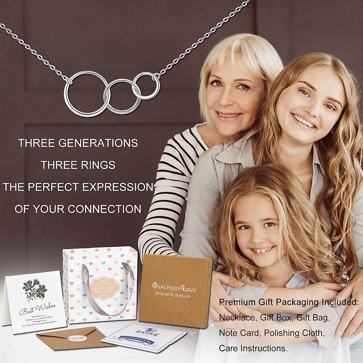 AnalysisyLove 3 Generations Necklace - Sterling Silver Interlocking Infinity 3 Circles Necklace for Grandma Mom Granddaughter, Birthday Jewelry Mothers Day Gift
