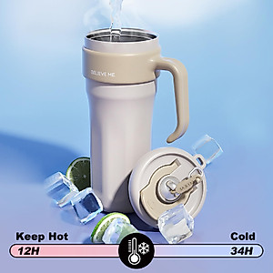 40 oz Tumbler with Handle, Stainless Steel Double Wall Vacuum Bottle Travel Mug, 100% Leakproof Insulated Tumbler with Straw and Lid, Reusable Coffee cup for gift (Beige)