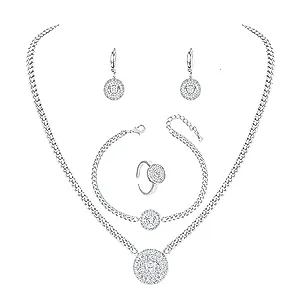 GXGLMP CZ Jewelry Set for Women Gold Plated Round Pendant Cuban Link Chain Necklace Bracelet Hoop Earring Open Ring Set(sliver)