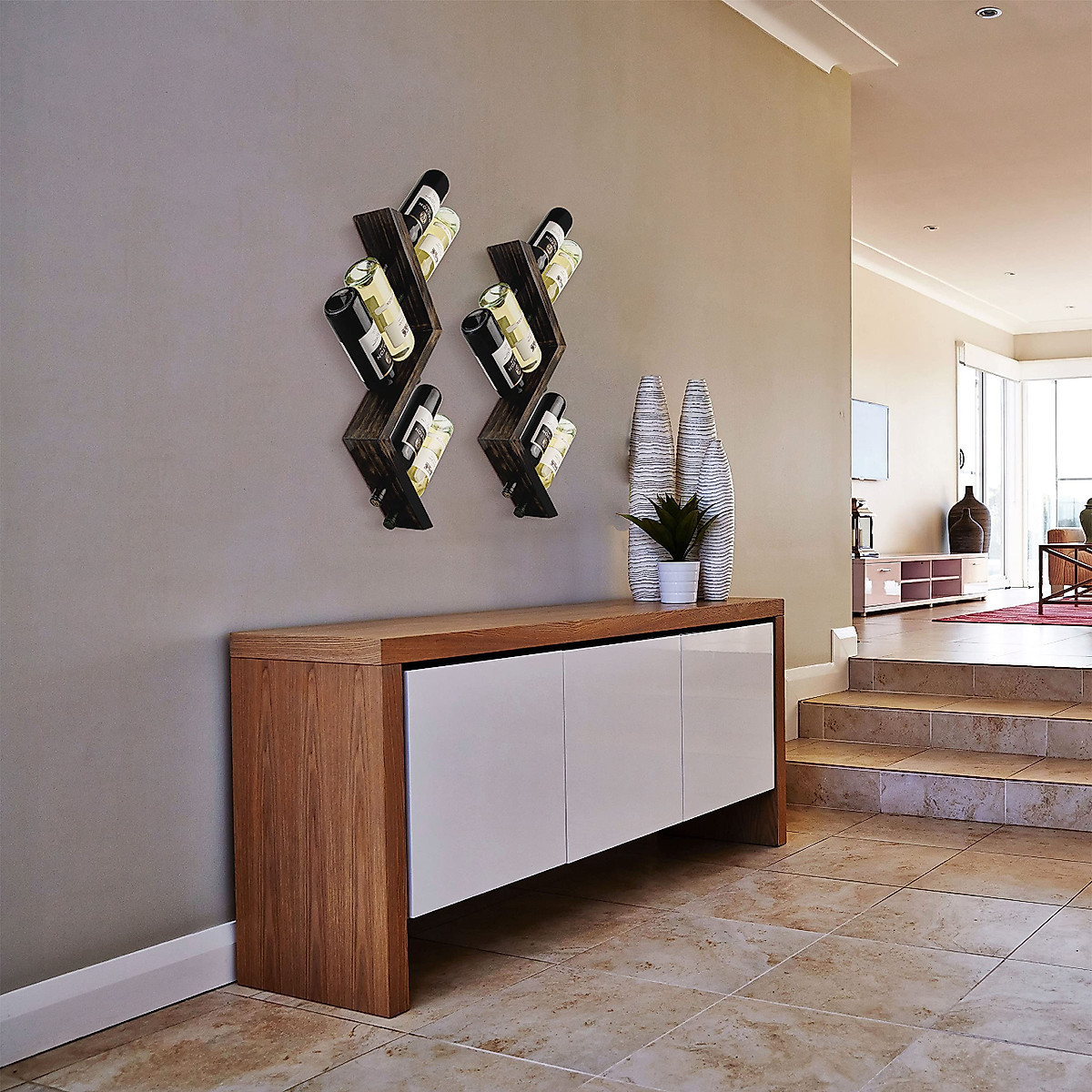 Charmont Wooden Wall Mounted Wine Rack -Rustic Zig Zag Floating Shelves Wine Bottle Holder for Bar, Kitchen Storage, Dining Room, Wedding Gift, Wall Home Décor; 6 Bottles (Dark Walnut)