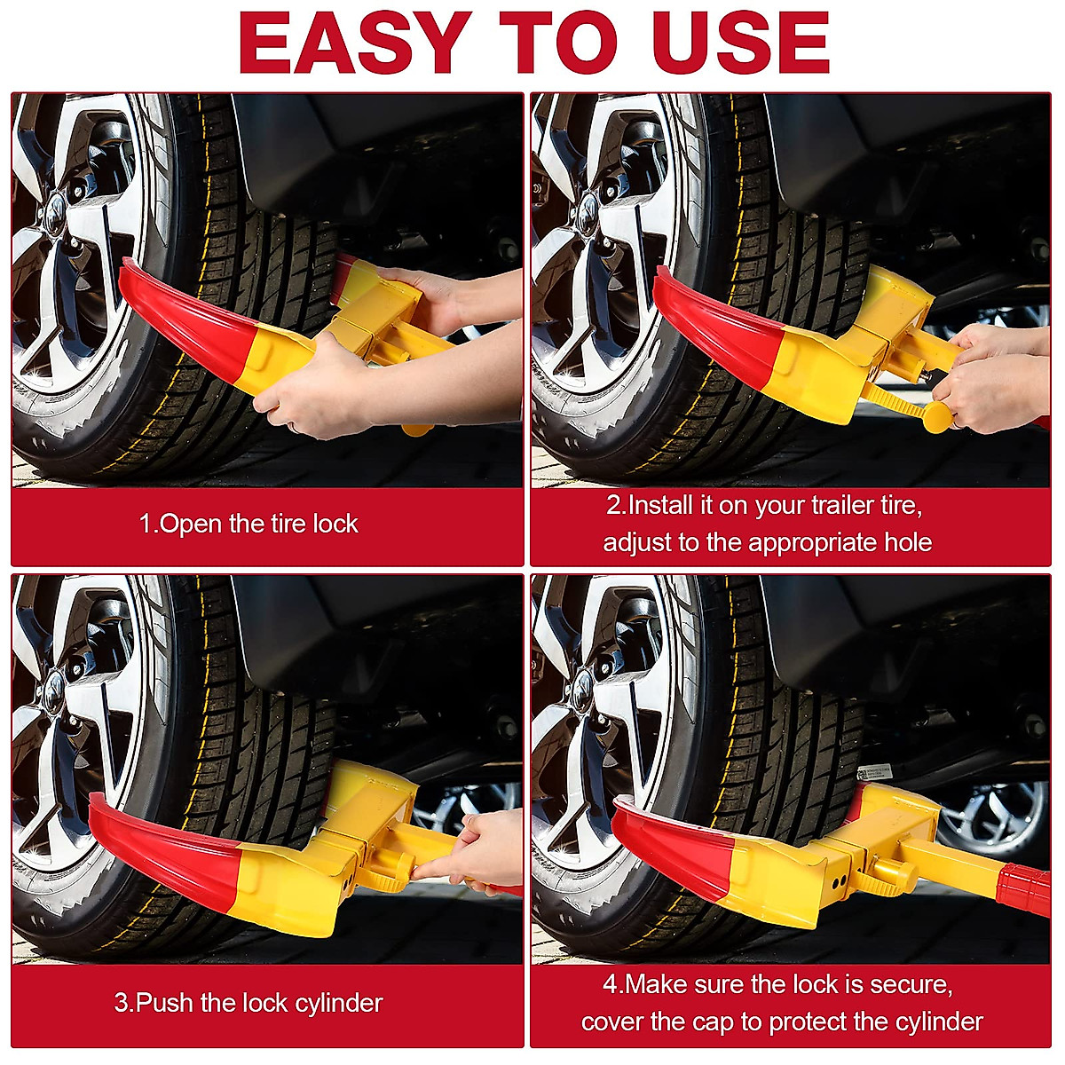 2 Pcs Wheel Lock for Cars, Heavy Duty Trailer Wheel Lock Universal Security Anti Theft Tire Clamp for Vehicles Boot Camper SUV ATV Boat Motorcycle Golf Cart Deterrent (Red)