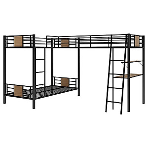 GLORHOME Twin-Over-Twin Triple Bed Metal Bunk Bed + Loft Bed with Desk and Shelf, Space Saving Bedroom Furniture