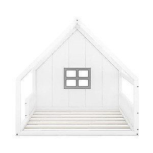 House Bed Full Size, Wood Floor Bed for Kids, Montessori Bed with Railings and Slats for Boys Girls, Low to Ground Height, No Box Spring Needed, White