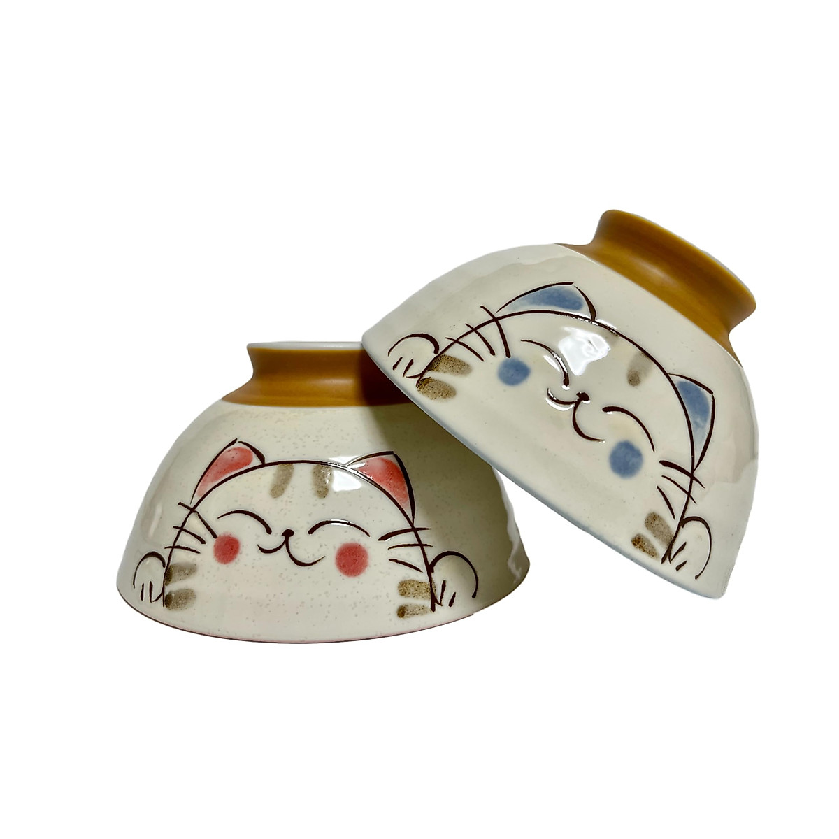 Japanese Rice Bowl Set Ceramic Blue and Pink Cute Smiling Cats Design Set of 2 Bowls Blue and Pink