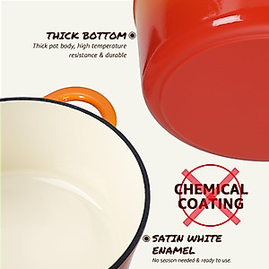 Overmont Enameled Cast Iron Dutch Oven - 5.5QT Pot with Lid Cookbook & Cotton Potholders - Heavy-Duty Cookware for Braising, Stews, Roasting, Bread Baking orange