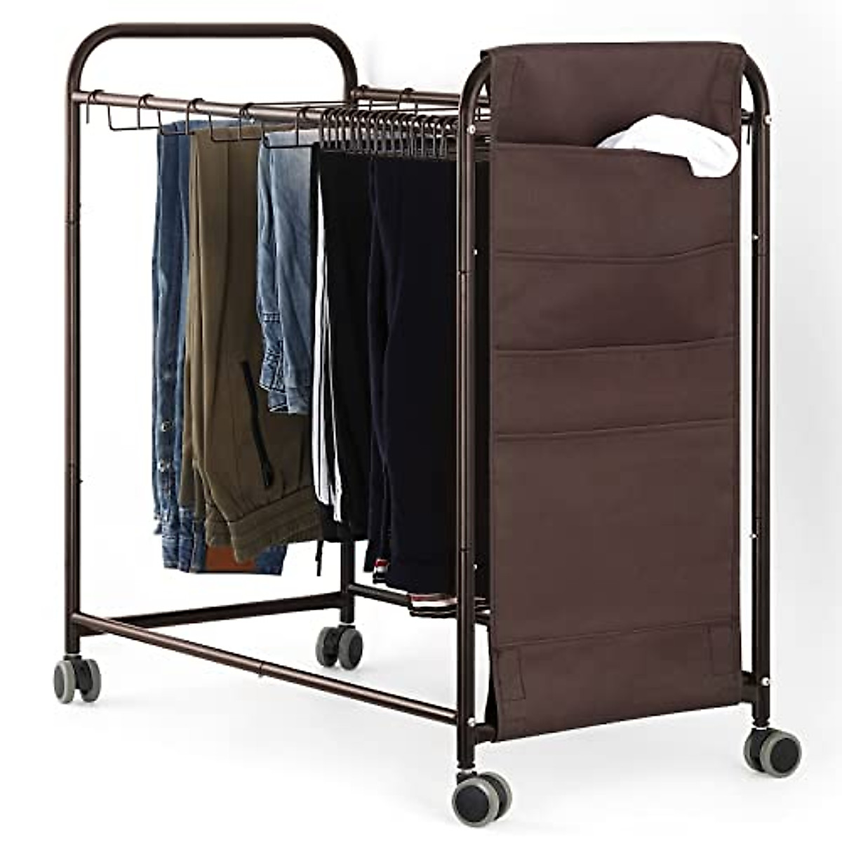 Pants Hangers Rolling Trolley Trousers Rack with 20 Storage Hangers Movable Rolling Pants Closet Organizer Shelf with Side Bag for Jeans, Scarf, Trouser, Dark Brown