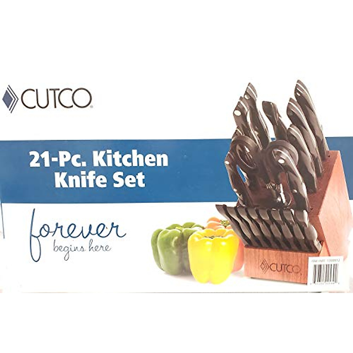 Cutco 21 Piece Kitchen Knife Set with Cherry Finish Oak Block, 8 Table Knives, Paring Knife, Trimmers, Santoku Chopper Chef Knife, Carver, Slicer, Cheese Knife, Turning Fork, Shears, Peeler, Sharpener