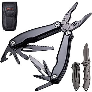 Bundle of 2 Items - Heavy Pocket Knife for Men - Folding Knife with Glass Breaker and Pocket Clip - Tactical Knofe - Multitool with Knife and Pliers - Utility Set of Mini Tools for Everyday Use - Gift