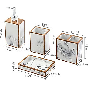 MyGift 4 Piece Marbled Design White and Black Resin Bathroom Countertop Accessories Set with Decorative Wood Trim Includes Pump Lotion Dispenser, Tumbler, Toothbrush Holder and Soap Dish