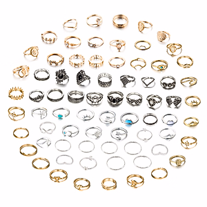 Vintage Silver Gold Knuckle Rings Set for Women, 74 Pcs Bohemian Stackable Joint Finger Rings, Hollow Carved Flowers Retro Stone Crystal Stacking Midi Rings Pack