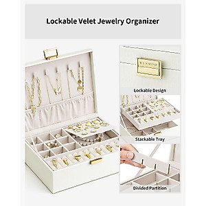Vlando 2 Layer Jewelry Box Large Jewelry Organizer for Women Removable Jewelery Tray for Necklace Earrings Rings Bracelets Jewelry Boxes for Christmas Gifts Wedding Gifts (Cream White)