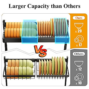 SAYZH Over The Sink Dish Drying Rack, Dish Drying Rack Auto-Drain Expandable (19.9 to 34 inch) 2-Tier Kitchen Counter Dish Drainer Rack with Metal Steel Utensil Cup Holder Sink Caddy, Black