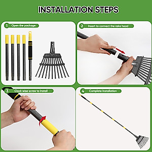 Coopvivi Garden Leaf Rakes, 6FT Rakes for Lawns Heavy Duty 11 Metal Tines 9 inch Wide, Adjustable Long Steel Handle, Small Shrub Rake, Gathering Leaves (Black)