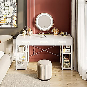 ODK Office Small Computer Desk: Home Table with Fabric Drawers & Storage Shelves, Modern Writing Desk, White, 48"x16"