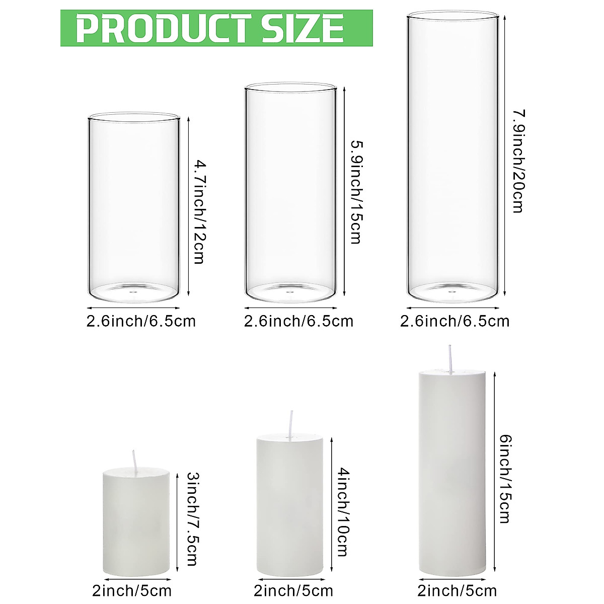 Shihanee Set of 12 Pillar Candles and Glass Cylinder Vases Clear Cylinder Candle Holders for Slim Pillar Candles Wedding Centerpieces (White, 2.6'' X 4.7'', 5.9'', 7.9'')