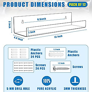 12 Pieces Clear Acrylic Floating Shelves 15 Inch Acrylic Invisible Kids Floating Bookshelf Picture Ledge Display Wall Mounted Shelves Organizer for Living Room, Office, Bedroom, Bathroom, Kitchen
