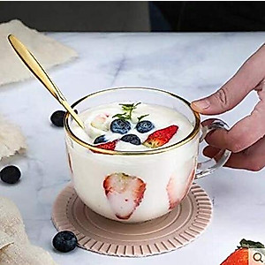 KKGUD Set of 2 Glass Teacups with Gold Rim, Oatmeal Cups, Yogurt Bowls with Spoons (Simple Design, 16oz)