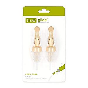 True Glide Weighted Pourers with Self Closing Feature for Liquor, Wine, Oils, or Vinegar, Stainless Steel, Set of 2, Gold