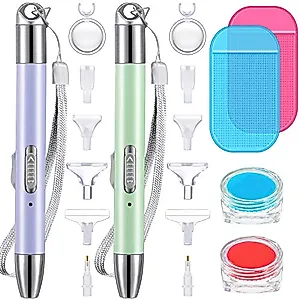 2 Pieces Diamond Painting Pen LED Drill Pens, Diamond Painting Accessories, 12 Replacement Pen Heads, 2 Anti-Slip Mats, 2 Wax Organizer Storage Cases for DIY Painting Craft Tools (Purple, Green)