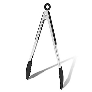 MJIYA Silicone Kitchen Tongs (12 inch), High Heat Resistant to 480°F, Stainless Steel with Non-Stick Silicone Tips (12 inch, Black)