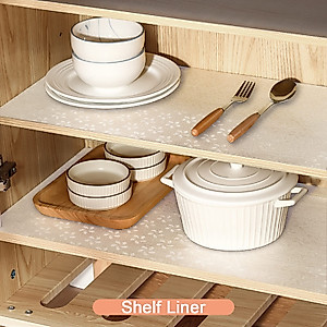 Shelf Liner, Shackcom 17.5in x 19.7ft Non-Slip Drawer Liner, PET Non Adhesive Washable Oil-Proof for Kitchen Cabinet, Shelves, Refrigerator, Storage, Table, Sink Mat (Clear, Bauhinia Pattern)