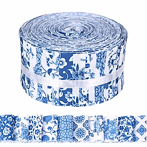 Bolsome 50Pcs Chinoiserie Jelly Polyester Fabric Roll White Blue Floral Quilting Strips Assorted Patterns Patchwork Craft Sewing Supplies for Quilters and Sewing Crafts, 39.37 × 2.55 Inch