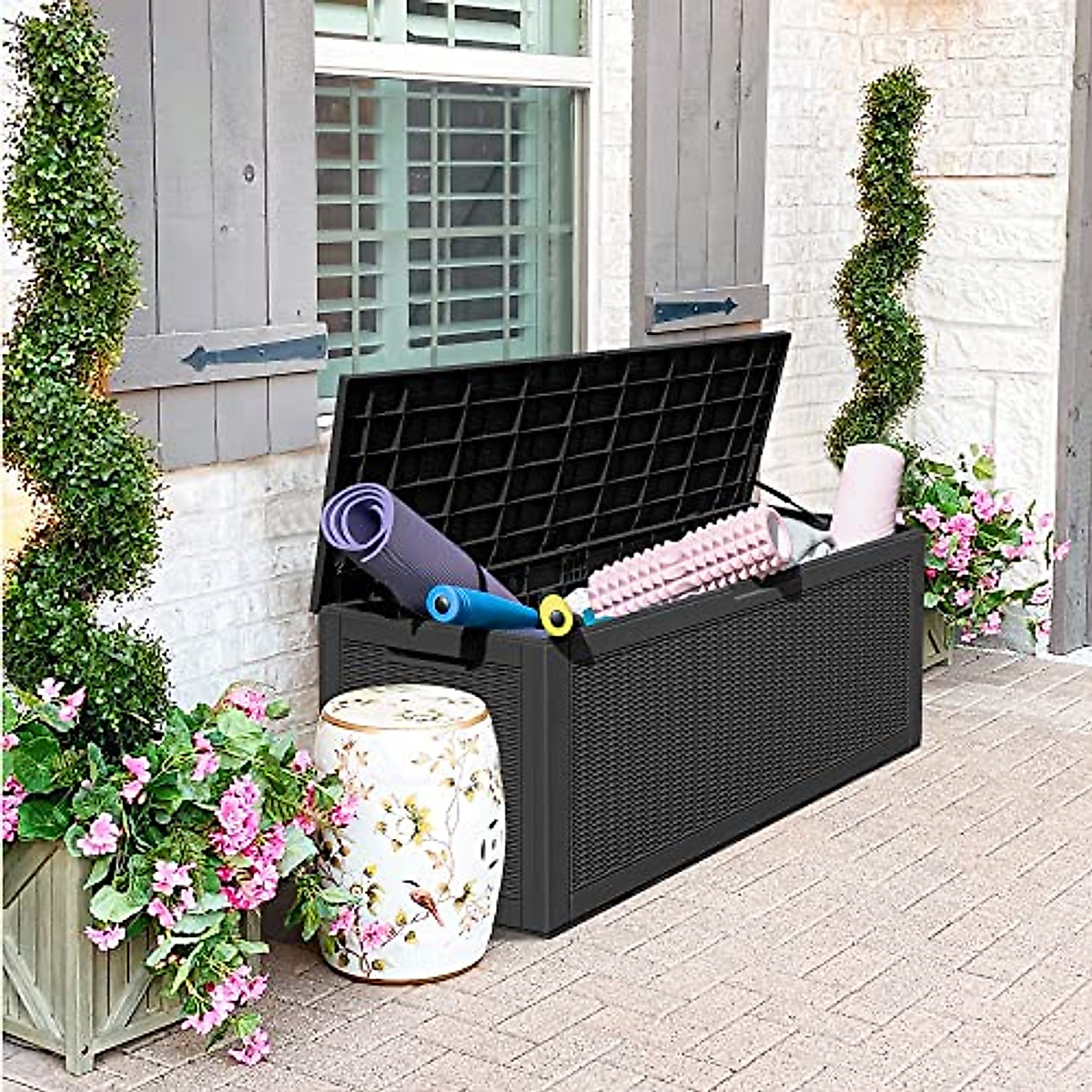 GUNJI 100 Gallons Outdoor Storage Box Waterproof Large Resin Deck Box Patio Storage Bench Lockable Storage Container for Outdoor Cushions, Pool Supplies and Garden Tools (Black)