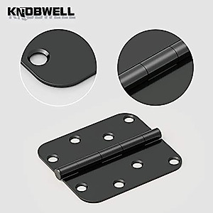 KNOBWELL 12 Pack 4" X 4" Matte Black Door Hinges Rounded Square Corner, 5/8 Inch Round Radius Exterior Door Hinge in Black