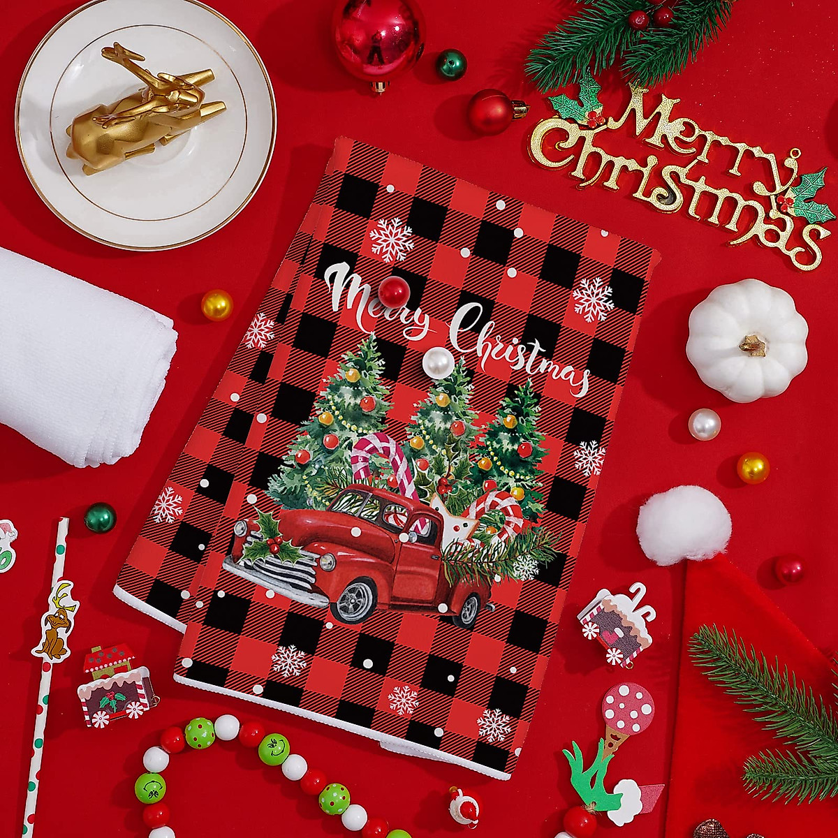 AnyDesign Merry Christmas Kitchen Towels Red Black Buffalo Plaid Dish Towels 28 x 18 Snowman Truck Xmas Tree Holiday Hand Drying Towels for Christmas Home Kitchen Decor Housewarming Gifts, Set of 2