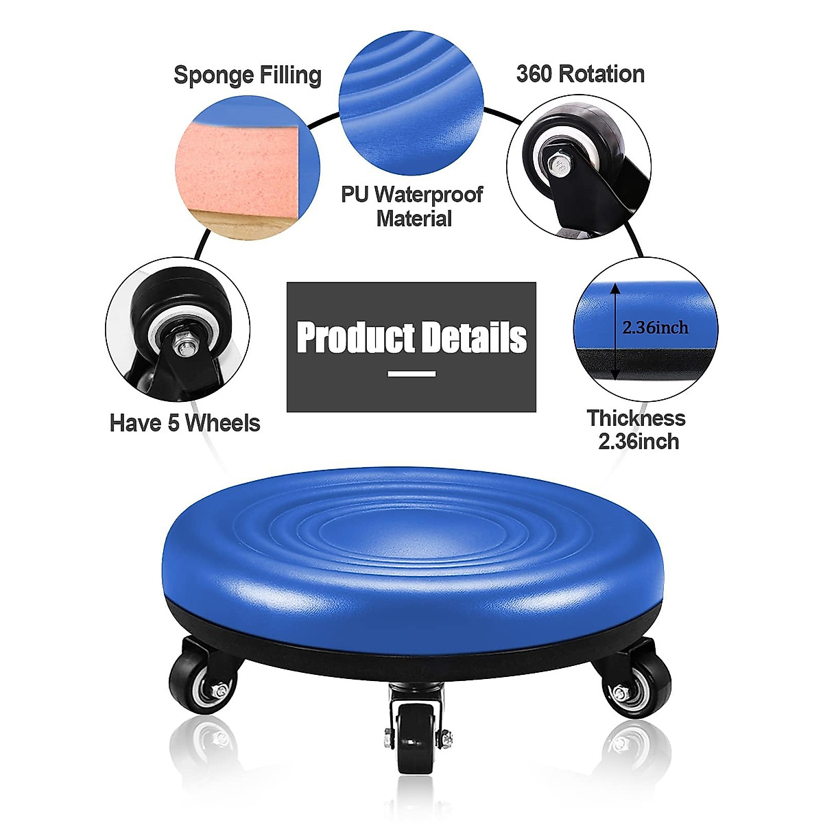 Lanstics Low Roller Seat Wheel Stool Chair PU Leather Rolling Stool Seats on Wheels for Home Office Fitness Round Roller Seat Stool (Blue)