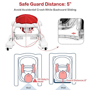 BABY JOY Baby Walker, 2 in 1 Foldable Activity Behind Walker with Adjustable Height & Speed, Friction Control Functions, Safety Belt, High Back Padded Seat, Music, Detachable Penguin Play Bar (Red)