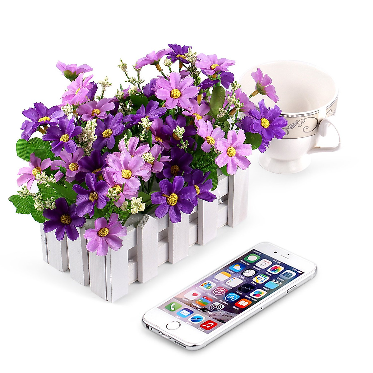 Louis Garden Artificial Flowers Fake Daisy in Picket Fence Pot Pack - Mini Potted Plant (Daisy-Purple)