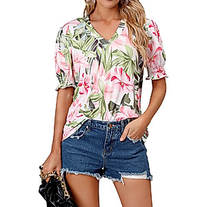ZXZY Women Ruffle Short Sleeve Pleated V Neck Floral Print Hawaiian Shirts Blouse Tops